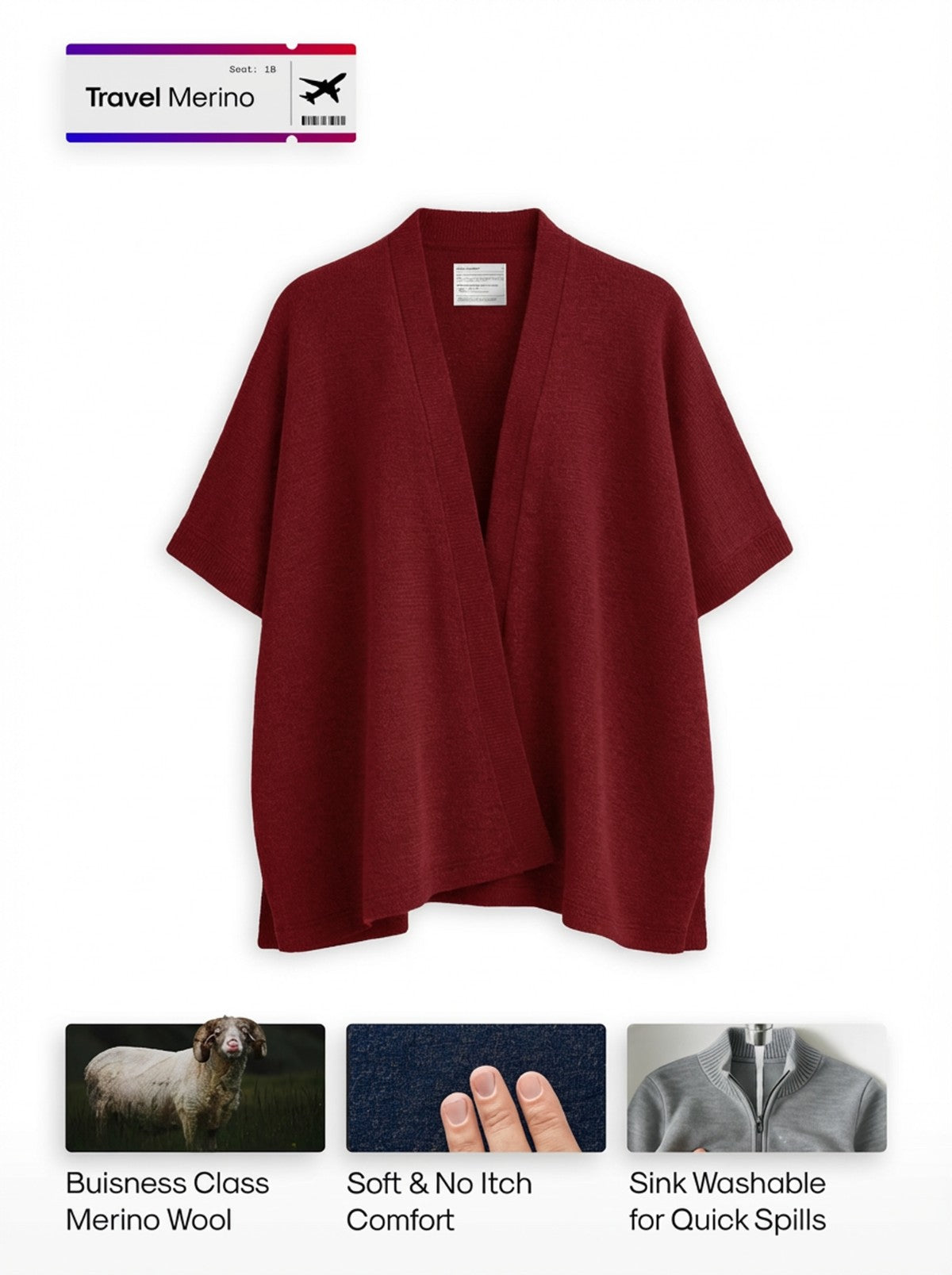 Red Women's Travel Merino Poncho Wrap | Lightweight Wool Layer ...